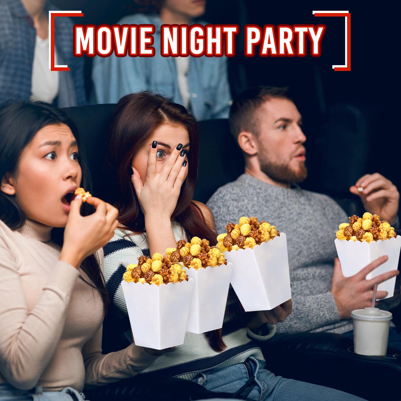 RattanView 24 Pcs White Mini Popcorn Boxes Plastic Popcorn Containers for Movie Theater Decorations Theme Party Night Supplies Carnivals Fundraisers Birthday Wedding, 3.46 x 2.28 x 4.33 Inches