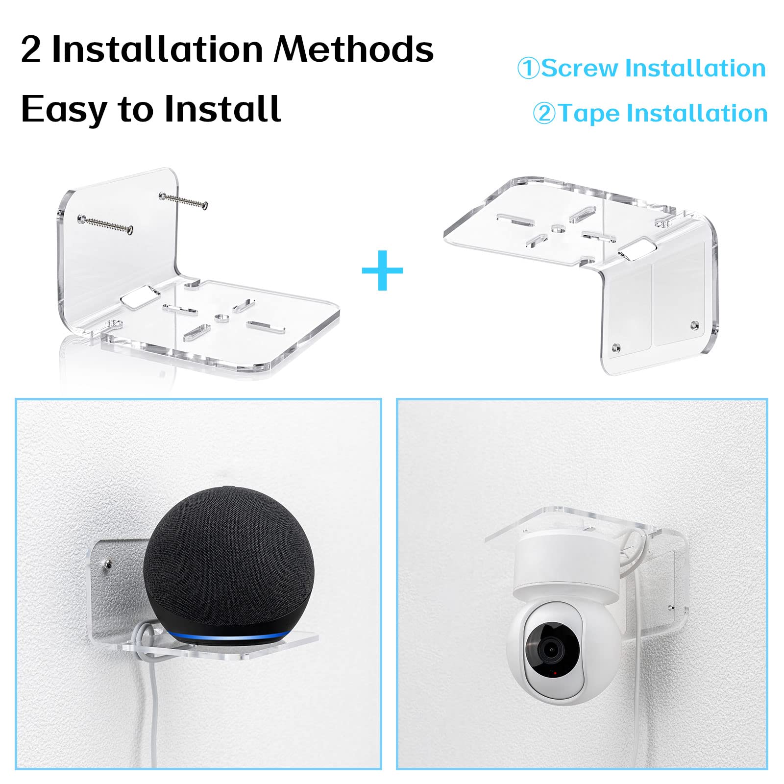 HAYVAN Acrylic Small Wall Shelf Set of 3 for Security Cameras, Baby Monitors, Speakers & More - 4'' Universal No Drill Shelves Easy to Install with Strong Tapes, Screws & Rubber Plug (White)