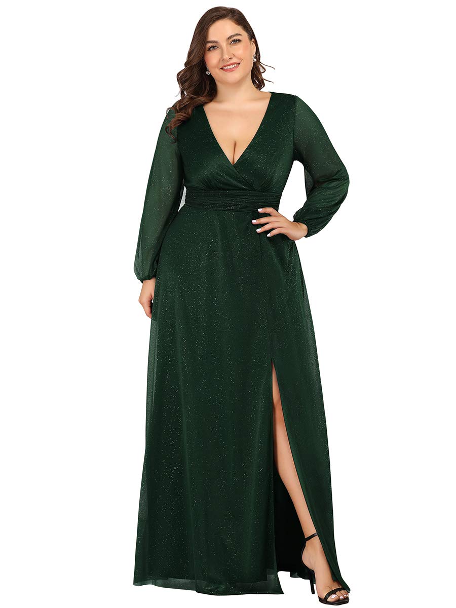 Ever-Pretty Women's Glitter A Line High Slit V-Neck Plus Size Formal Gowns and Evening Dresses Dark Green US16