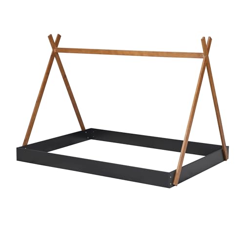 RORIGAT Full Floor Bed for Kids,Full Teepee Bed Frame with Triangle Structure,Wood Floor Bed for Bedroom Furniture,Box Spring Not Required,Black+Brown