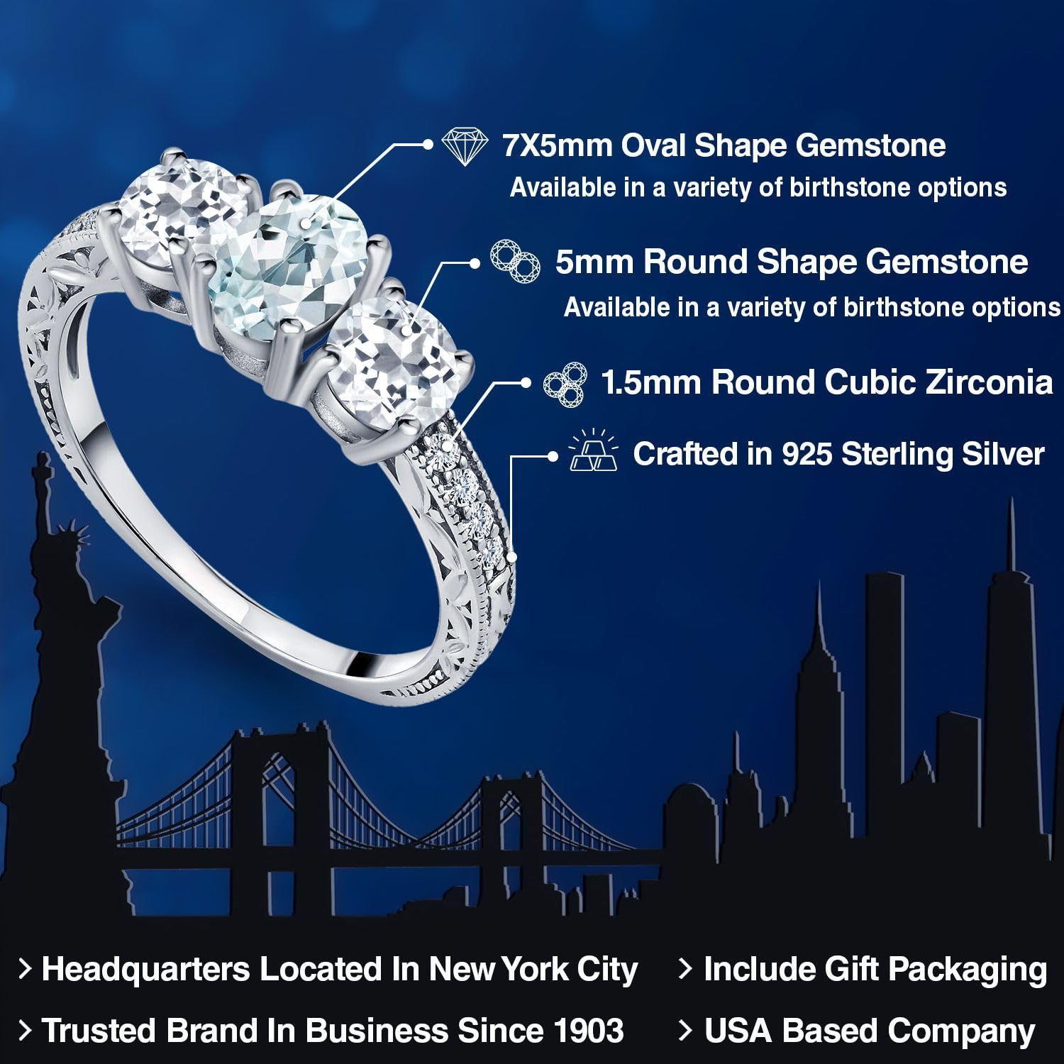 Gem Stone King 925 Sterling Silver Sky Blue Aquamarine and White Topaz 3-Stone Women Ring (2.07 Ct Oval, Available in size 5, 6, 7, 8, 9)