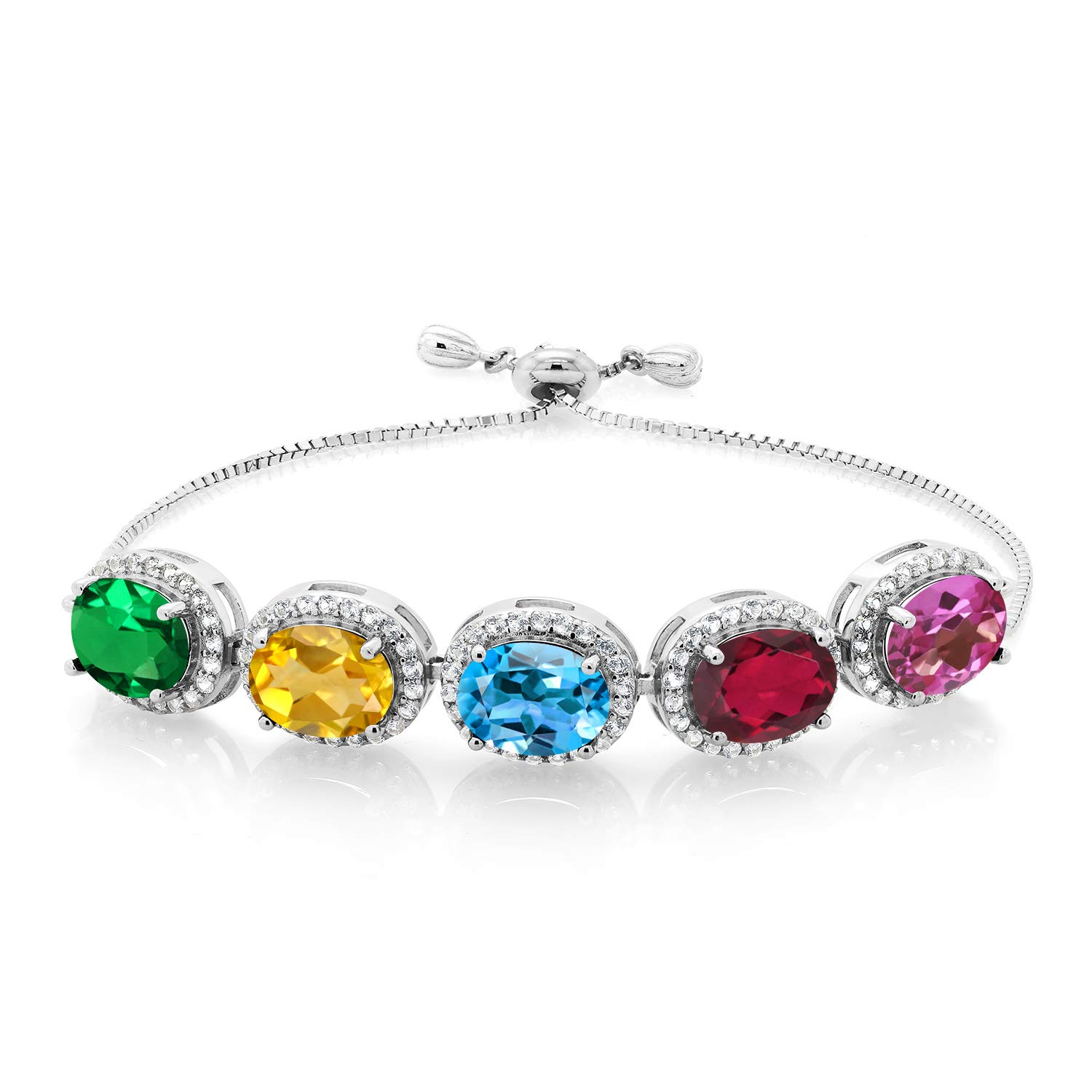 Gem Stone King 925 Sterling Silver 9X7MM Oval Gemstone Birthstone 5-Stone Tennis Bracelet For Women | Fully Adjustable Up to 9 Inch