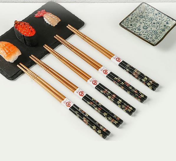 Slivek Natural Bamboo Reusable Chopsticks, 5 Pair Non-Slip Chopsticks Gift Set, Perfect for Sushi Rice Noodles, Chinese Tableware, 9 in / 23 cm