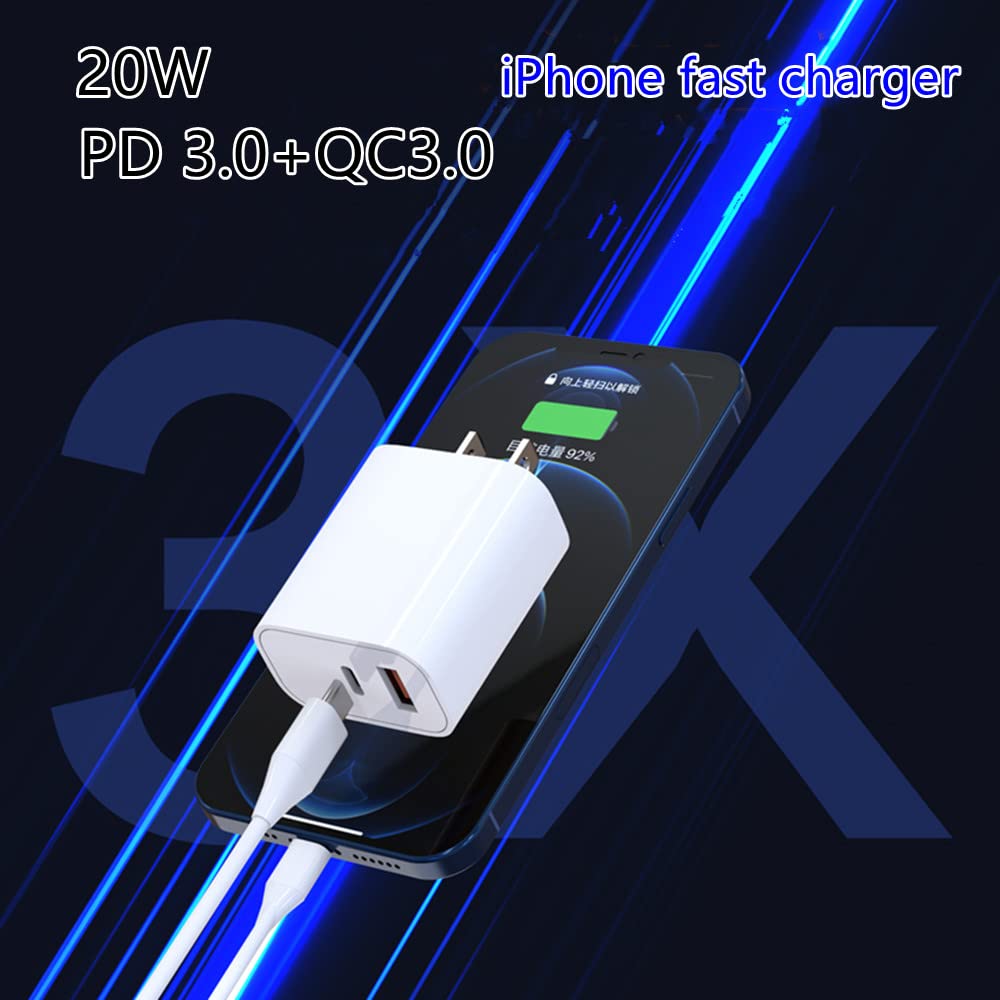 iPhone 14 13 12 Fast Charger【Apple MFi Certified】 20W 2-Port USB C Wall Charger Block with 3FT&6FT Fast Charging Lightning Cable Compatible with iPhone 14/13/12/11 Pro Max, Mini, 14 Plus,Pro/XR/iPad