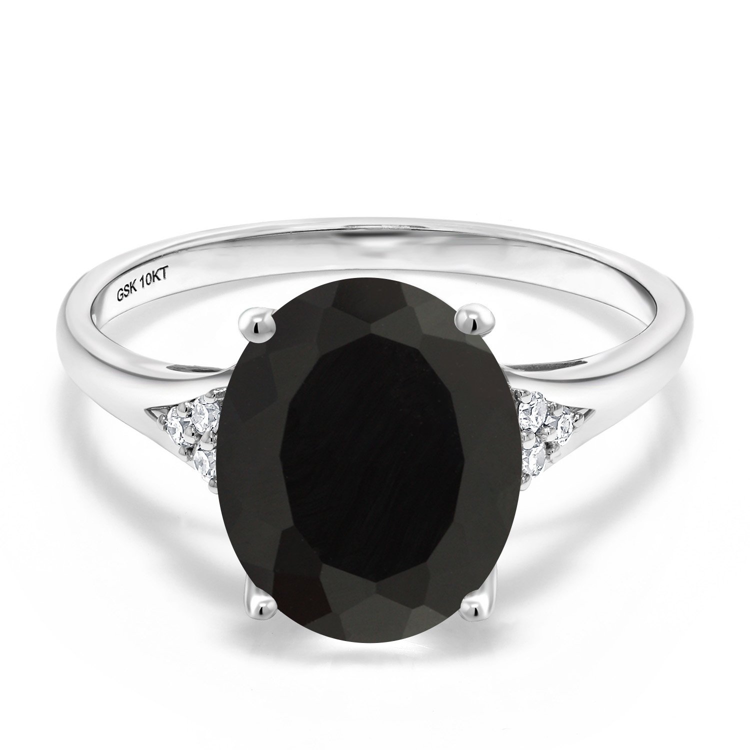 Gem Stone King 10K White Gold Black Onyx and White Diamond Engagement Ring For Women (3.07 Cttw Oval 11X9MM, Available in size 5, 6, 7, 8, 9)