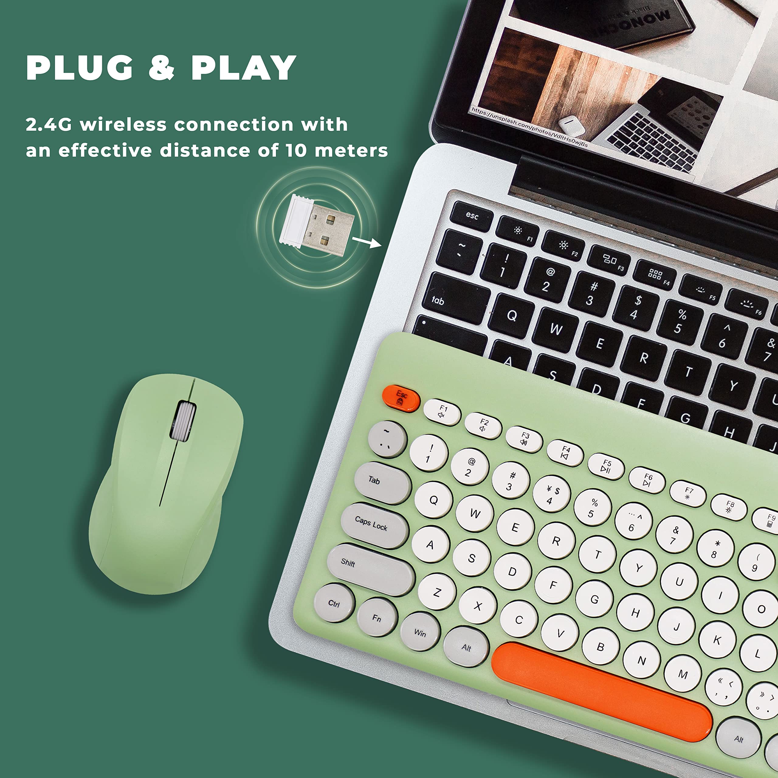 Wireless Keyboard and Mouse Combo 2.4G USB Cordless Keyboard with Number Pad,Quiet Click,Cute Round Key,Ultra Slim,Full Size for Computer Laptop PC Desktop Windows Mac,Sage Green