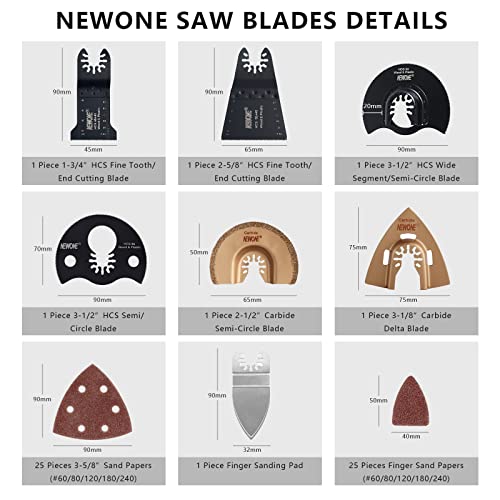 NEWONE 67 Pack Oscillating Multitool Quick Release Saw Blades with Sandpaper,Multitool Blades for Wood Metal Plastics Compatible with Fein Black&Decker Bosch Chicago Roybi Milwaukee Makita CraftsmanâŚ