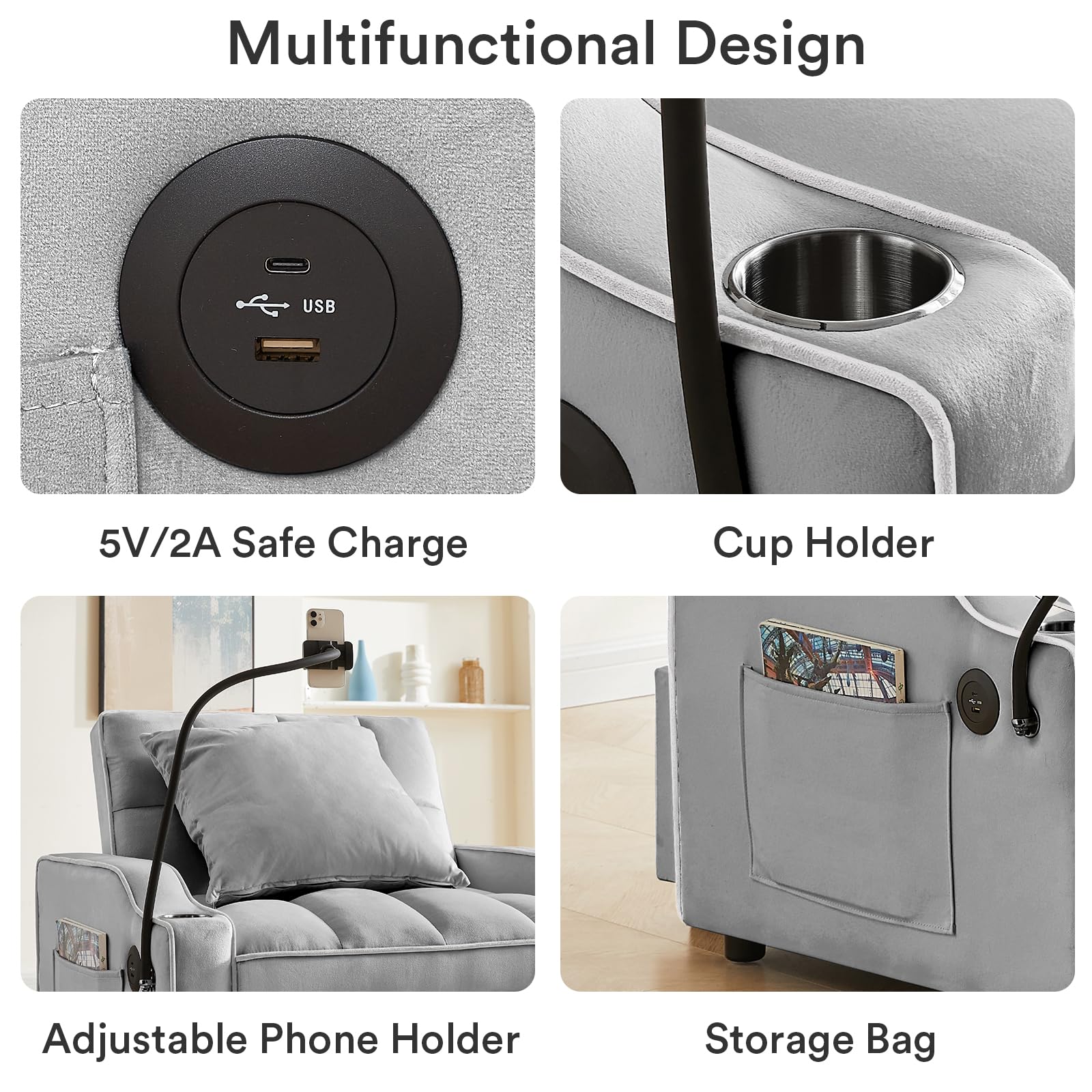 Rovibek 3 in 1 Convertible Sleeper Sofa Bed Pull Out Couch Futon Loveseat Velvet Chaise Lounge with 2 Pockets and 2 Pillows for Living Room, Twin Size, Grey