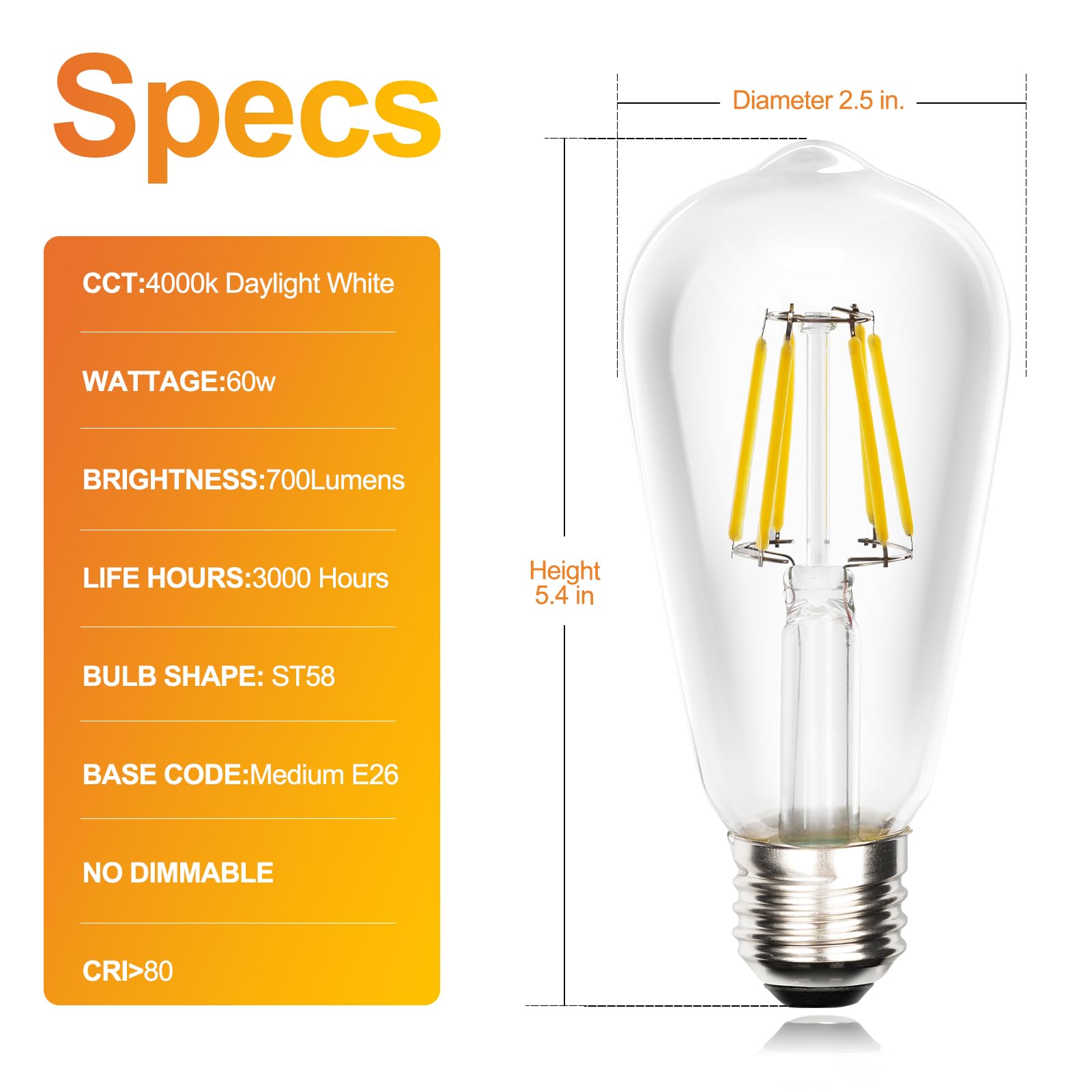 PUIPUM Edison Bulbs 60 Watt Led, Led Edison Bulb, Vintage e26 Edison Bulb, ST58 led Light Bulb,Daylight White 4000k,80CRI,700 Lumen, Edison Bulbs for Home, 6 Pack, Clear,Non-Dimmable