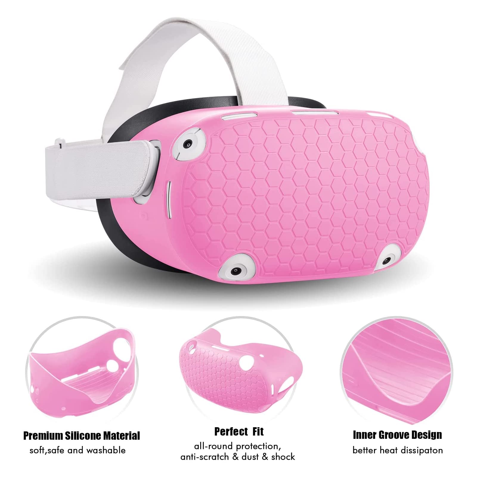 Hard Carrying Case for Oculus Quest 2 Accessories, Silicone Cover Set VR Shell Touch Controller Cover, Pink Front Face Protector Cover Crossbody Shoulder Chest for Women Girls Travel and Home Storage