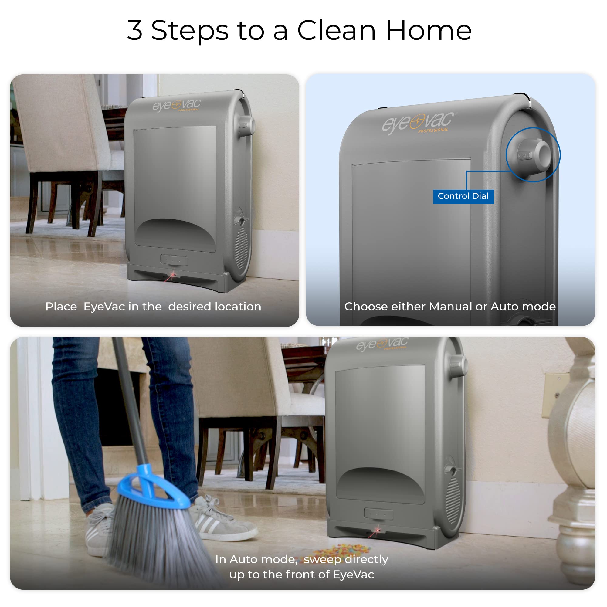EyeVac Pro Touchless Vacuum Automatic Dustpan - Ultra Fast & Powerful - Great for Sweeping Salon Pet Hair Food Dirt Kitchen, Corded Canister Vacuum, Bagless, Automatic Sensors, 1400 Watt (Silver)