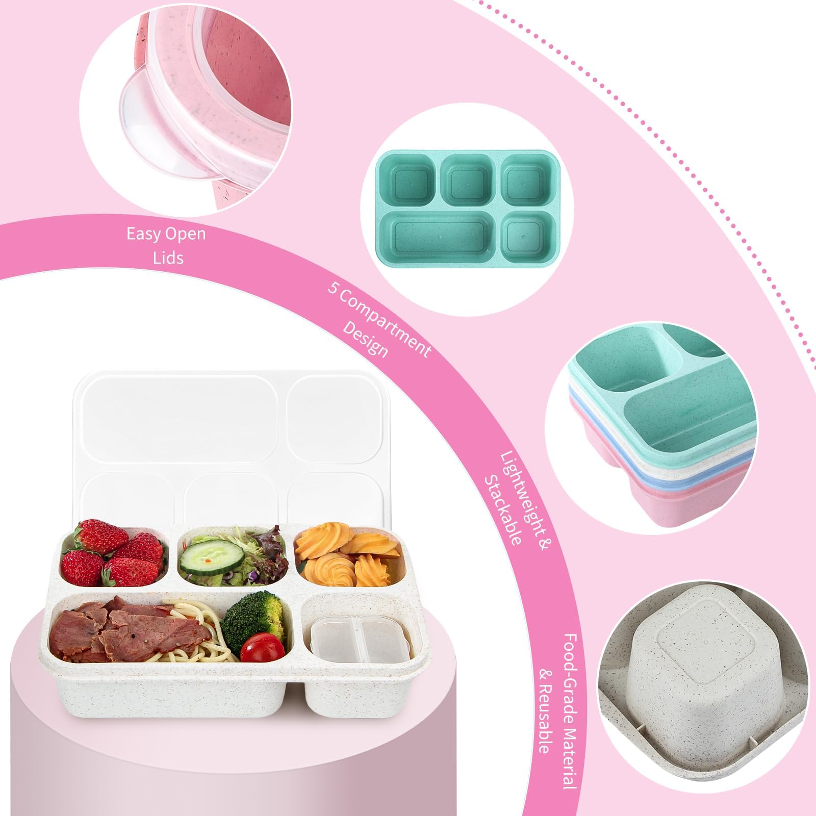 Lunbxx Snack Box Containers for Adults,4 Pack Bento Lunch Box for Adult & Kids, 5 Compartment Adult Lunchable Containers with Utensils, Sauce Jar, 44 Oz/1300ML Large Size (Wheat)