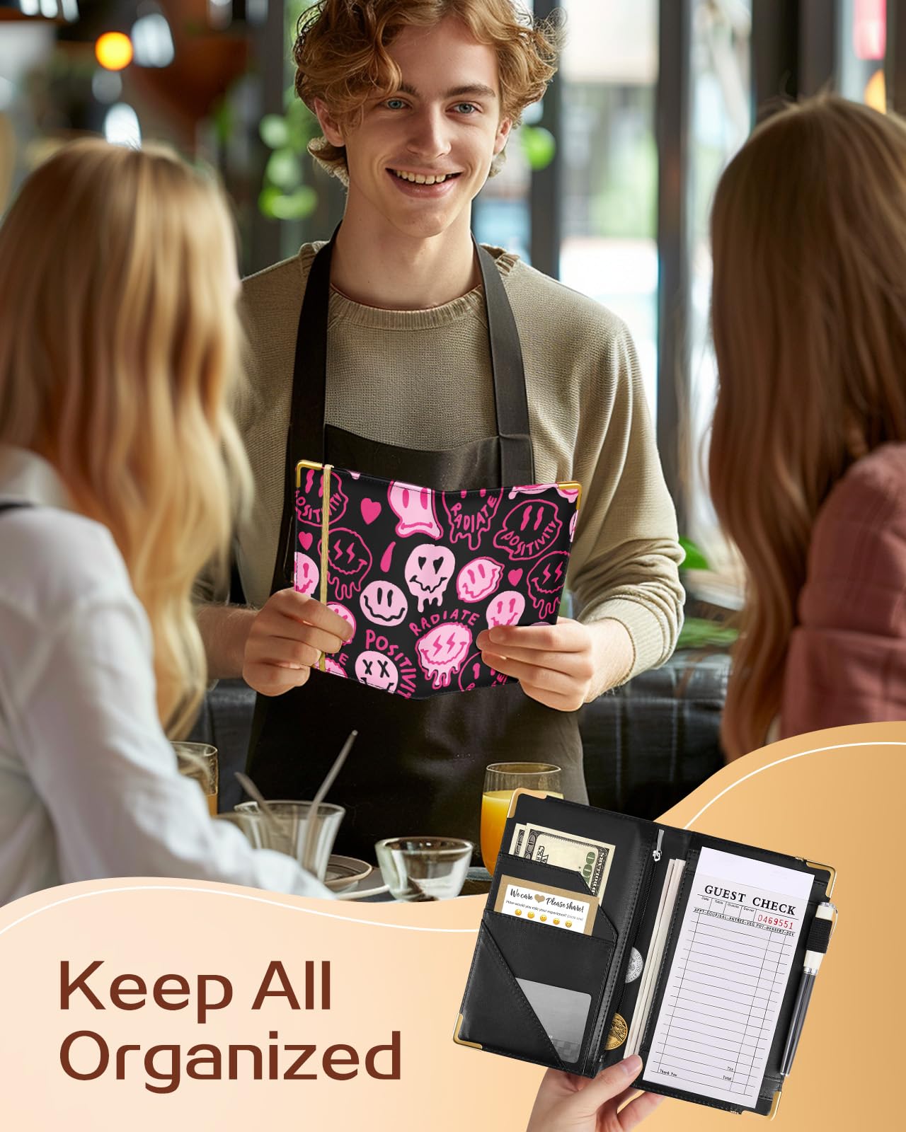 Slohif Server Book for Waitress Cute Serving Books with Zipper Pocket Accessories Leather Server Check Book Restaurant Waiter Server Booklet Ticket Book Holder Smile