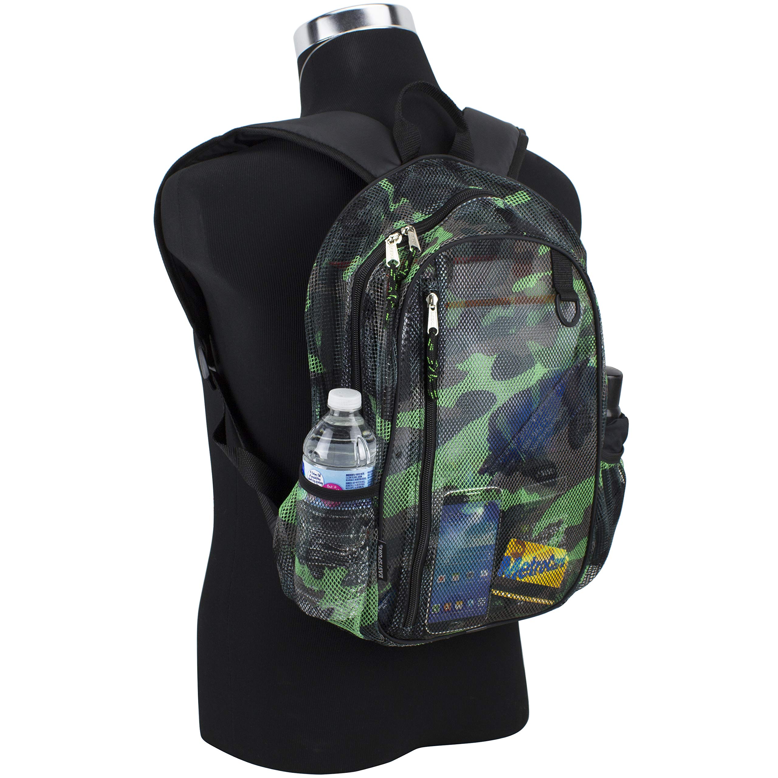 Eastsport Active Mesh Backpack See Through Semi Transparent with Adjustable Straps for Work, Travel, Security, Swimming and Beach - Camo/Black
