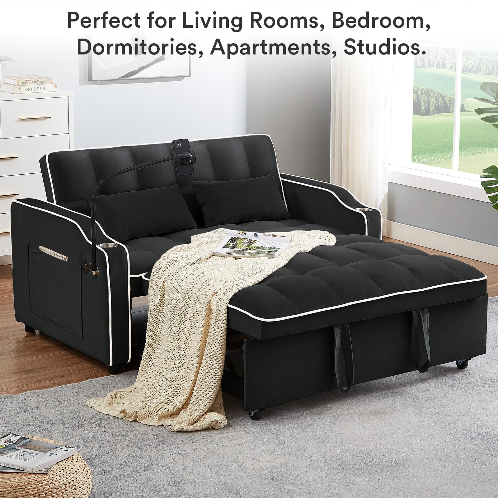 Rovibek 3 in 1 Convertible Sleeper Sofa Bed Pull Out Couch Futon Loveseat Velvet Chaise Lounge with 2 Pockets and 2 Pillows for Living Room, Full Size, Black