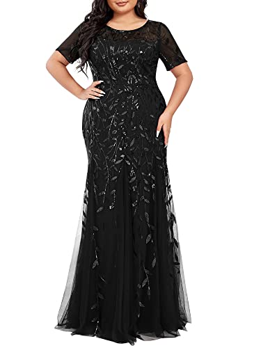 Ever-Pretty Women's Embroidered Prom Dress Long Formal Plus Size Dresses for Wedding Guest Black US22