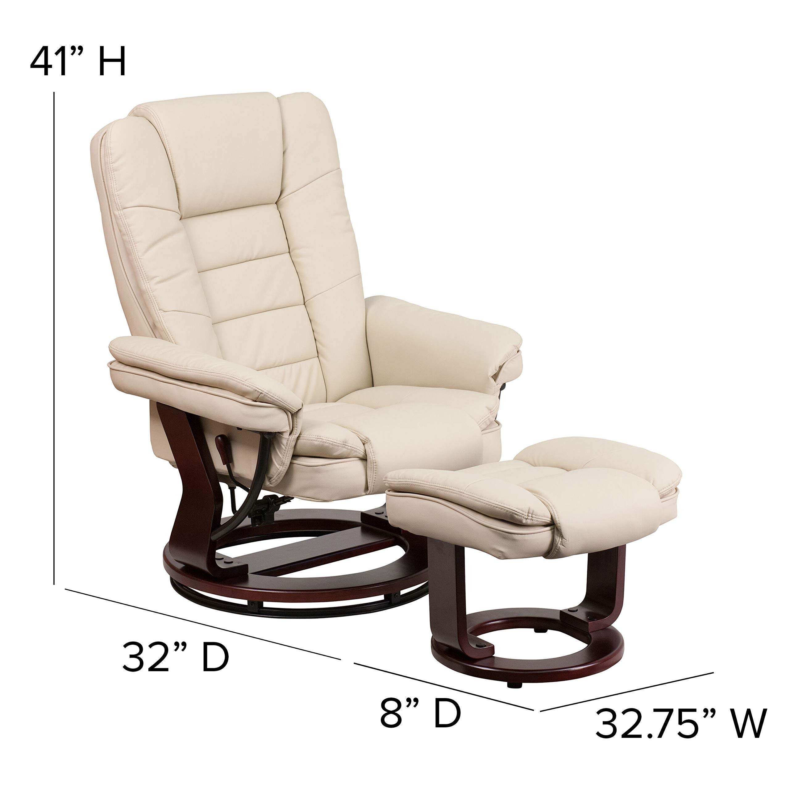 EMMA + OLIVER Multi-Position Stitched Recliner & Ottoman with Swivel Base in Beige LeatherSoft