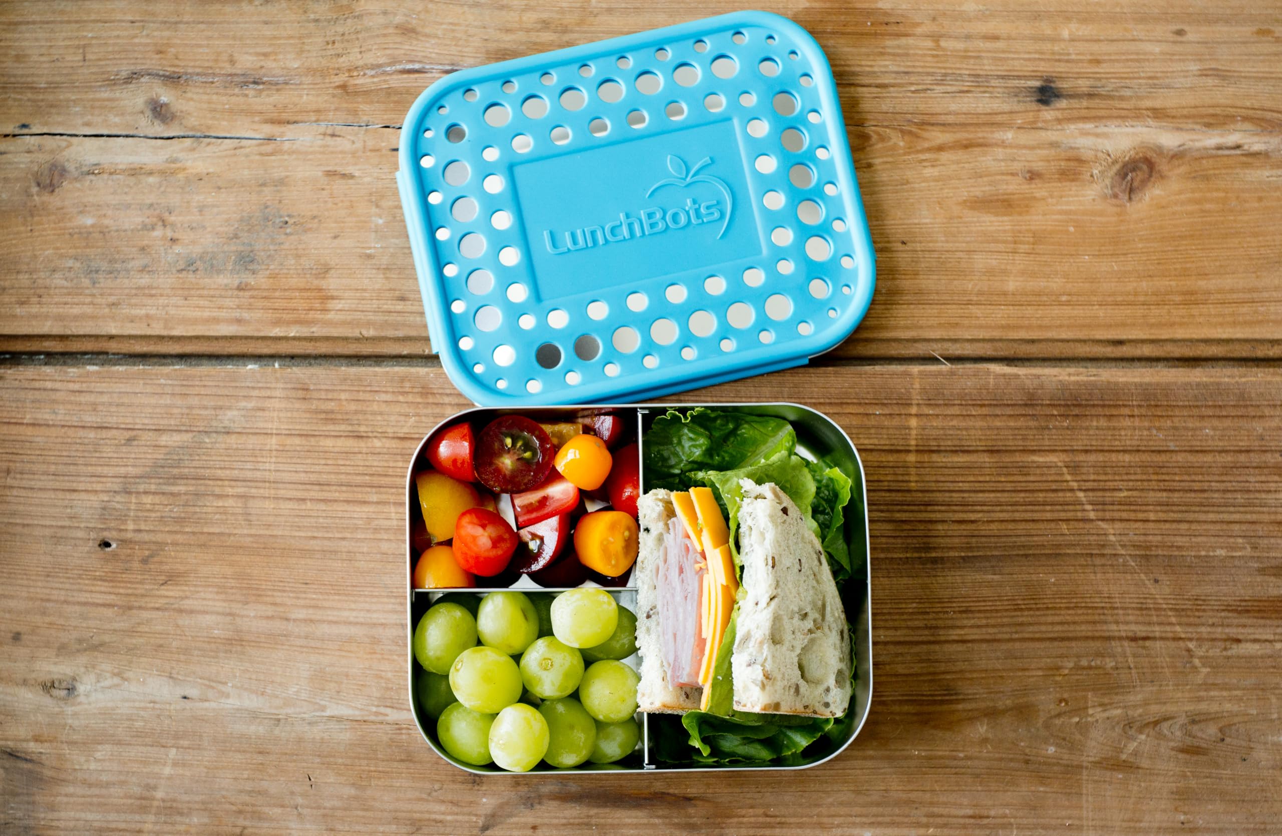 LunchBots Medium Trio II Snack Container - Divided Stainless Steel Food Container - Three Sections for Snacks On the Go - Eco-Friendly, Dishwasher Safe, BPA-Free - Stainless Lid (Aqua)