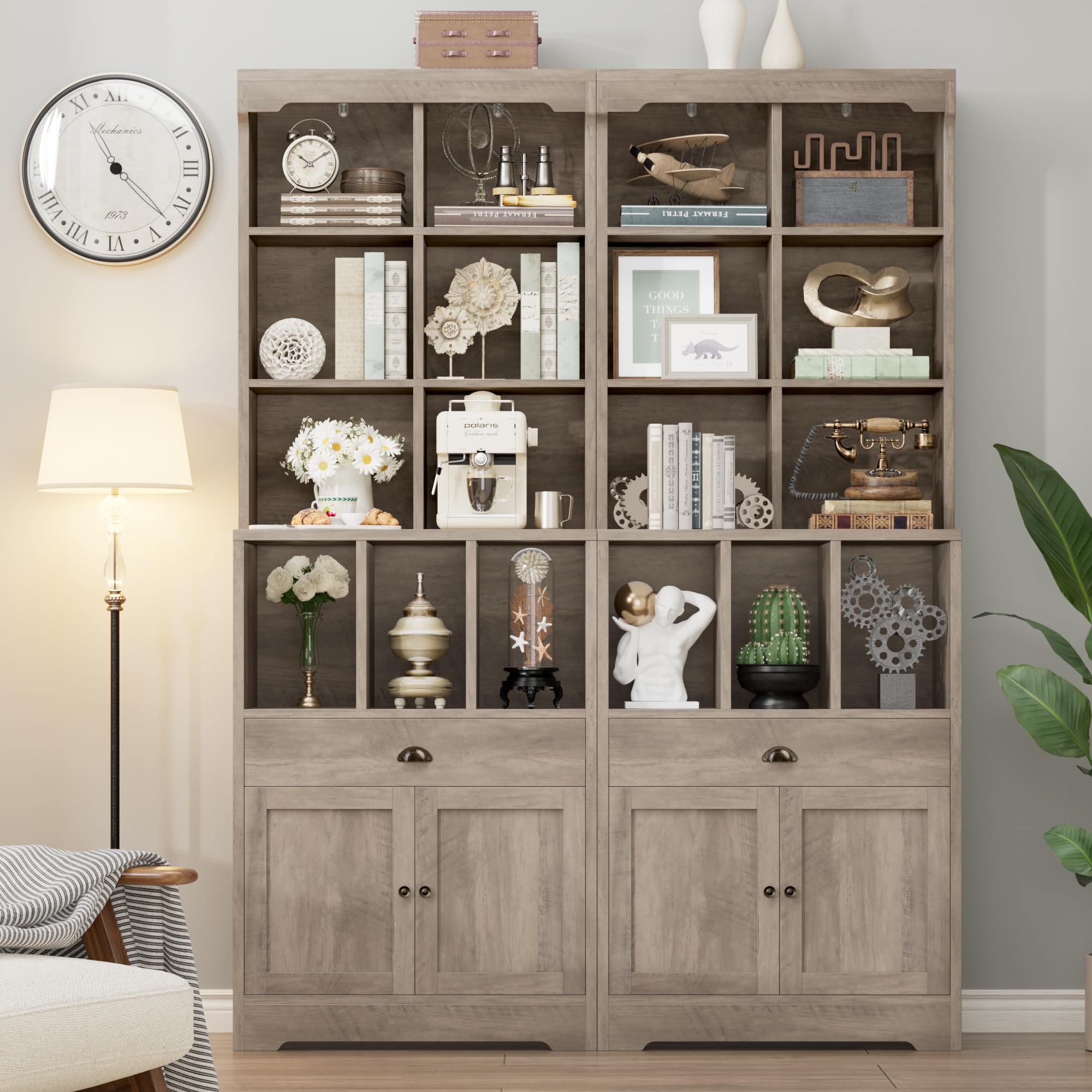 Keyluv 80β Tall Bookcase with Drawer and Doors, Grey Bookshelf with Adjustable Cabinet, Deep Book Shelf Case with Storage and 9 Open Cubes for Living Room/Home Office, Wood Gray Wash