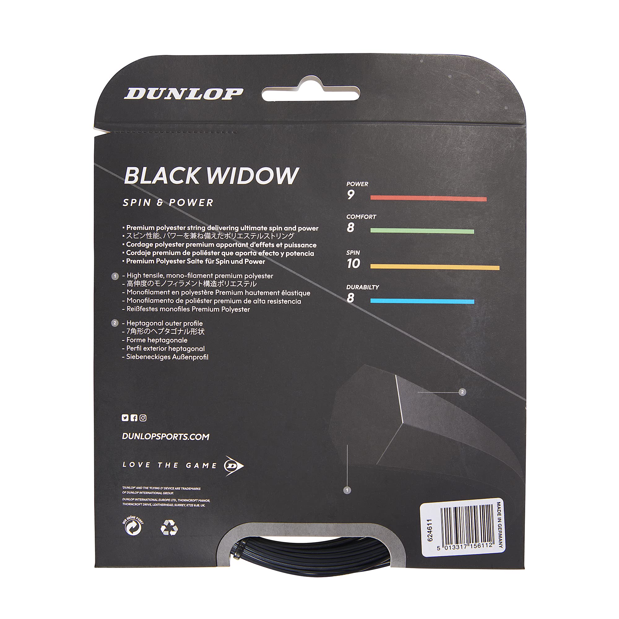 Dunlop Sports Black Widow Tennis String, 17G, 1 Set