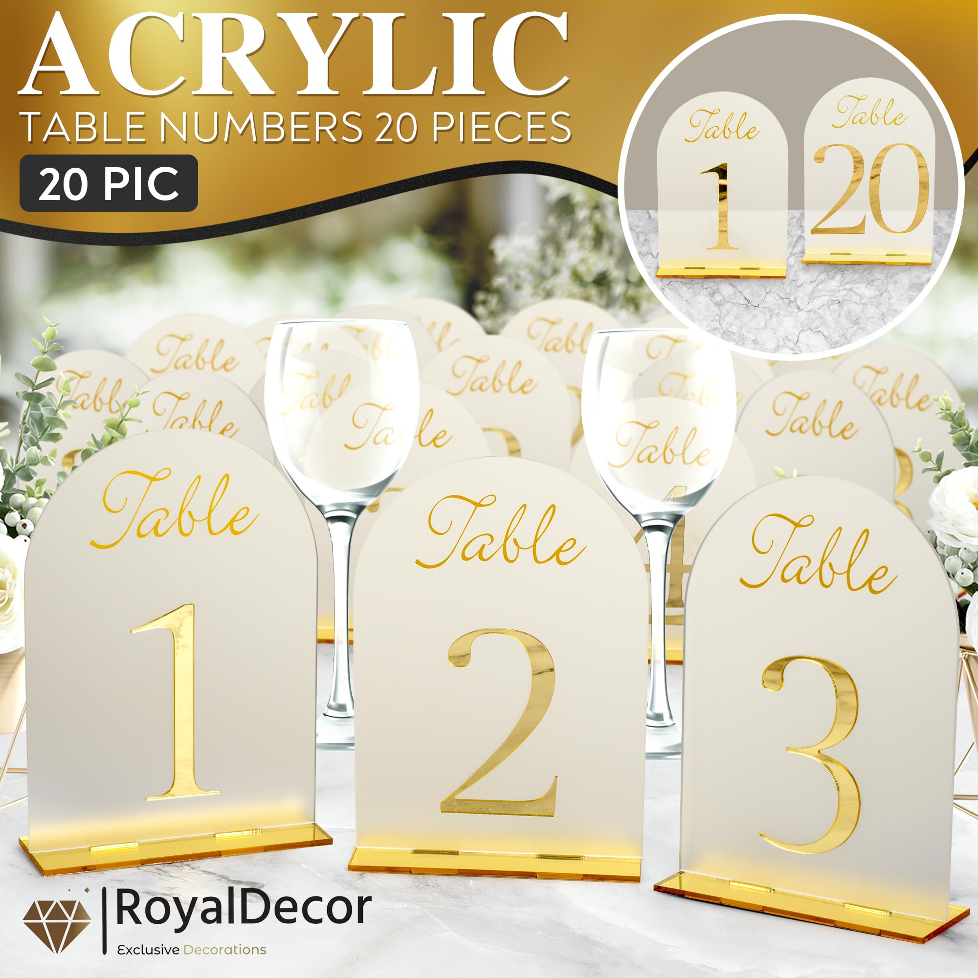 RoyalDecor's Frosted Arched Acrylic Table Numbers 1-20 with Gold Mirror Number and Stands - Perfect Wedding Table Decorations Accessories - Small Number Stand Centerpieces for Reception Tables - 5x7