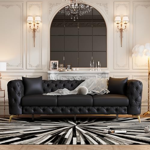 P PURLOVE Modern 3 Seater Sofa with Sturdy Metal Legs, PU Upholstered 3 Seater Sofa with Button Tufted Back, 3 Seater Sofa Couch for Living Room,Bedroom, Small Space, Black