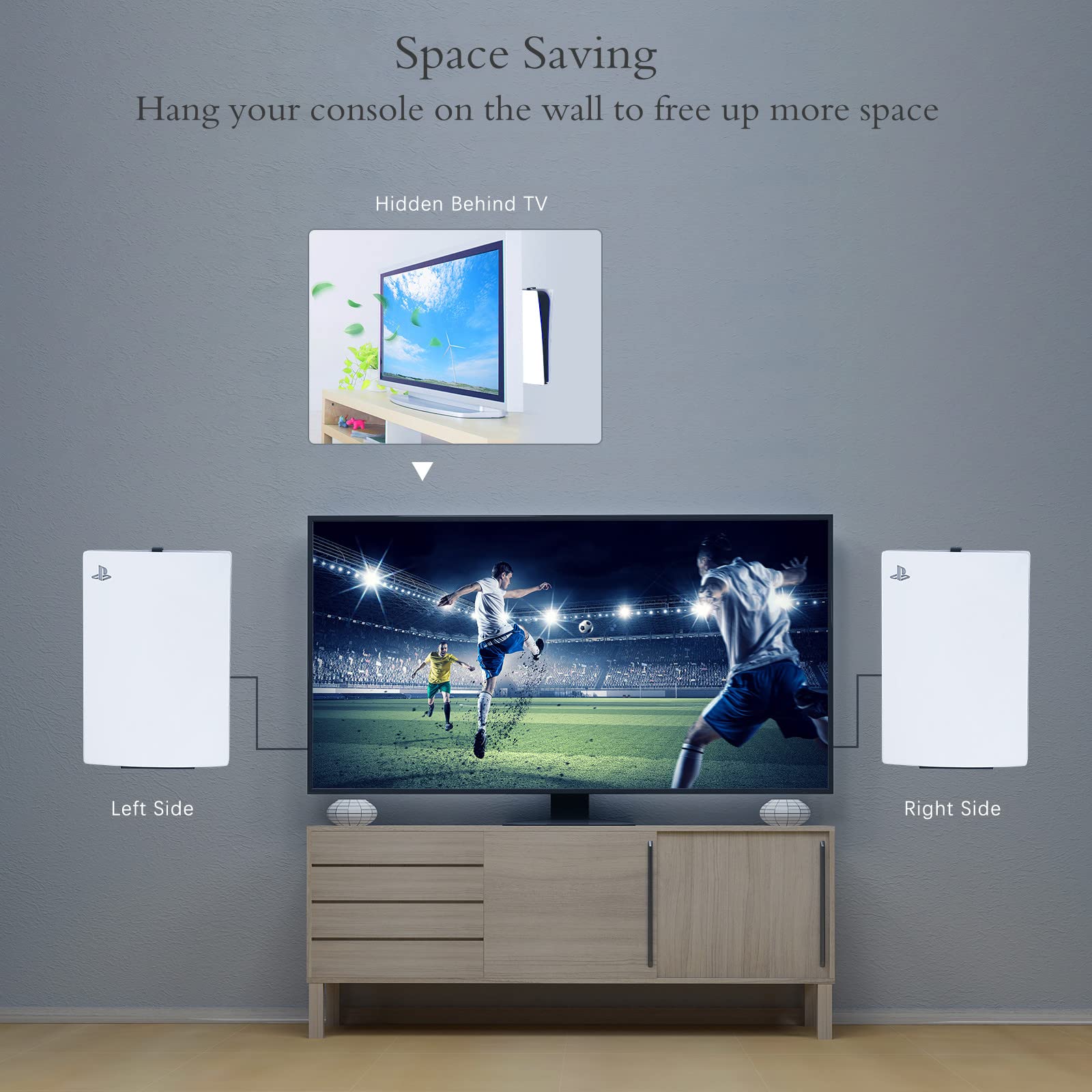 HANAMO Wall Mount for PS5, Mount on Wall Behind TV with Controller Holder Wall Stand Shelf for PlayStation 5 Disc & Digital Edition Wall Hanger for PS5 Accessories