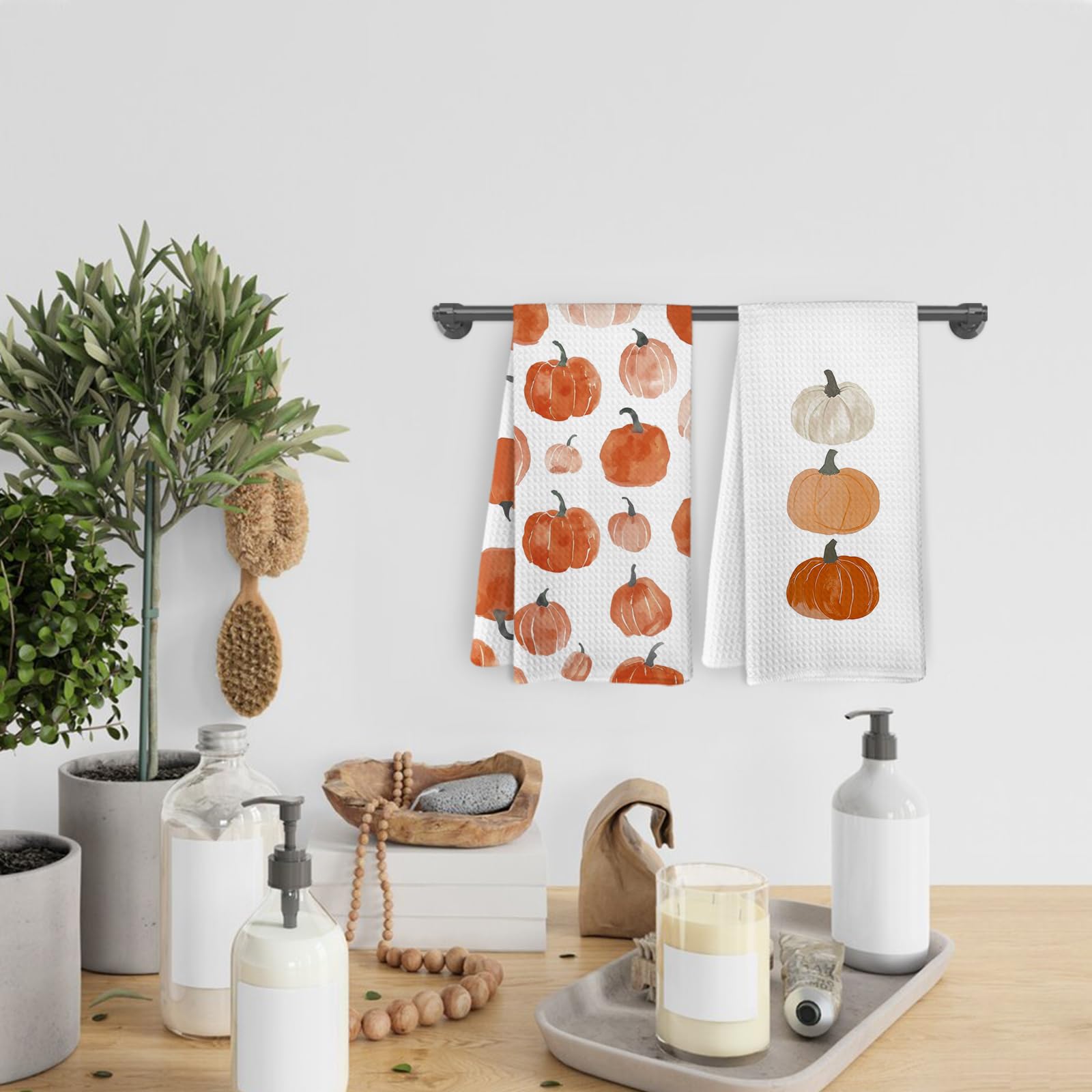 KFXHANGD Fall Pumpkin Decor Kitchen Towels and Dishcloths Set of 2, Fall Hand Towels, Fall Dish Towels, Farmhouse Pumpkins Fall Decorative Hand Tea Towels for Dorm Bathroom Kitchen, 16×24 Inches