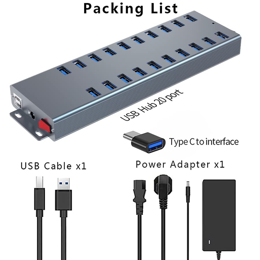 Royata Powered USB Hub Industrial Grade USB 2.0 Hub 20 Port 12V/10 Power Support Charger Data Sync and Charging Station with Separate On/Off Switch and Light for Laptops, PCs,etc.