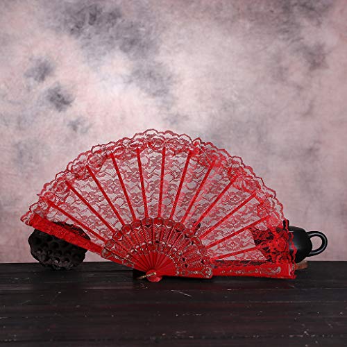 Hand Chinese Wedding Flower Lace Party Dance Style Folding Silk Held Fan Fans Fan for Bedroom Cooling Tall (Red-0, One Size)