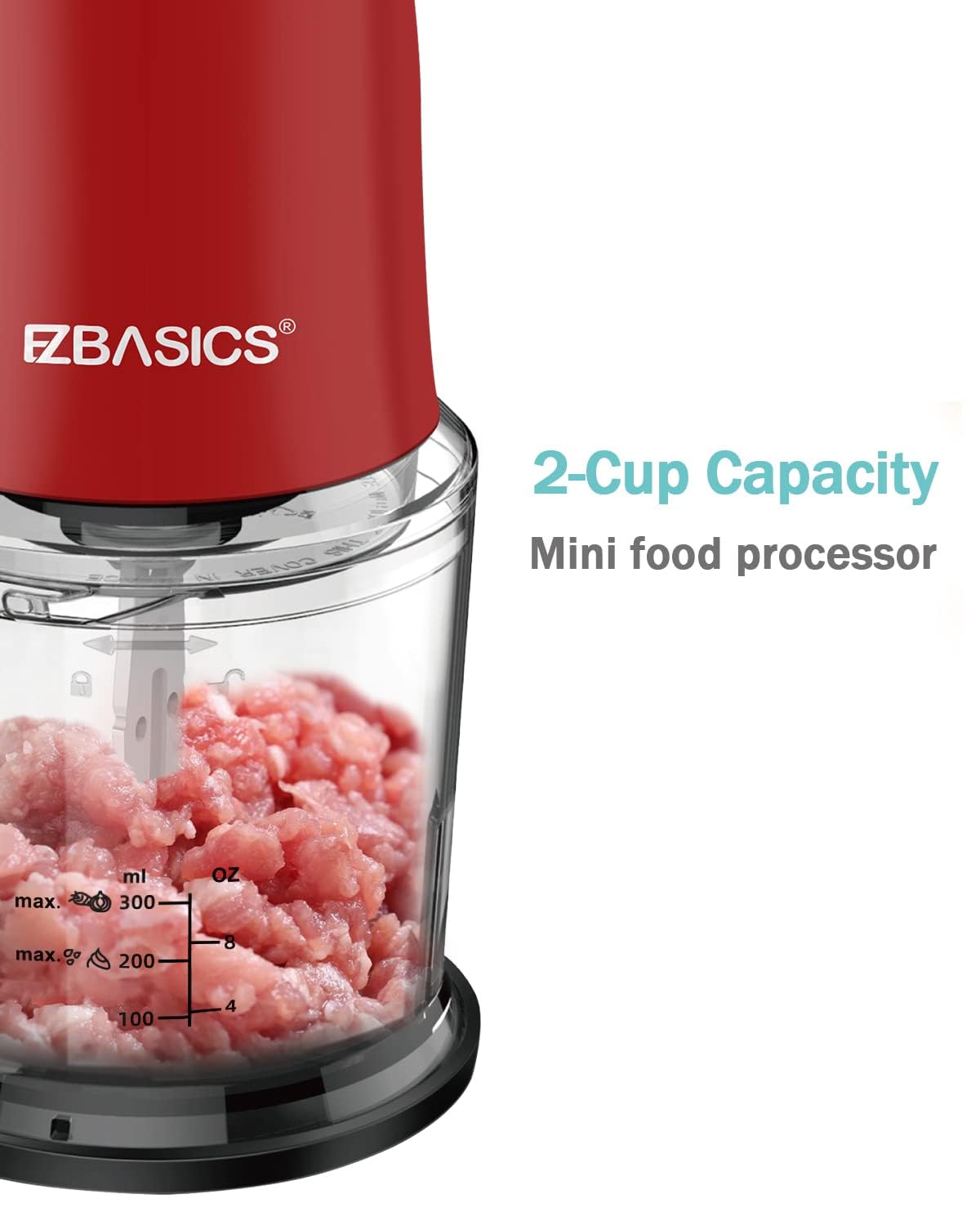 EZBASICS Food Processor, Small Food Processor for Vegetables, Meat, Fruits, Nuts, 2 Speed Mini Food Chopper With Sharp Blades, 2-Cup Capacity, Red