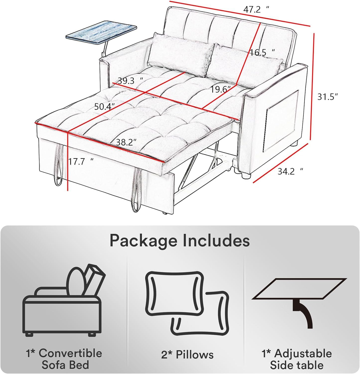 Rovibek Convertible Sofa Bed Couch Pull Out 3 in 1 Futon Loveseat Sleeper 2 Seat Velvet Lounge for Living Room, Adjustable Backrest, with Side Table, Black