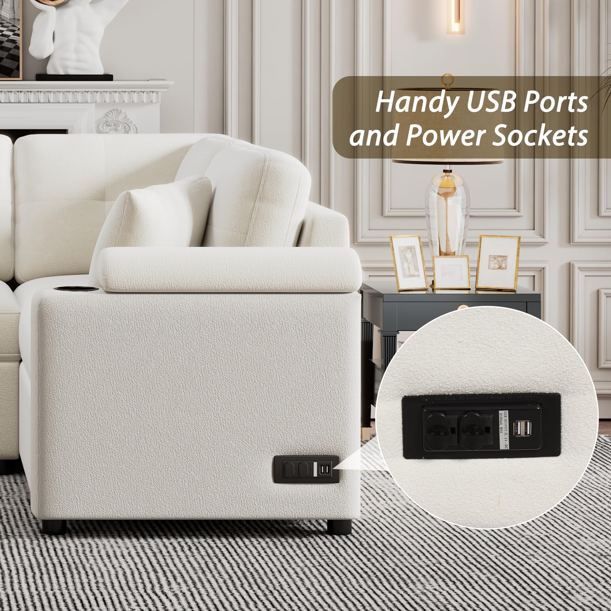 P PURLOVE Sectional Sofa with Pull-Out Sofa Bed, Boucle L-Shape Sleeper Sofa with Wheels, USB Charging Port and Power Sockets, Modern Upholstered Couch for Living Room, Bedroom, Apartment (Beige)