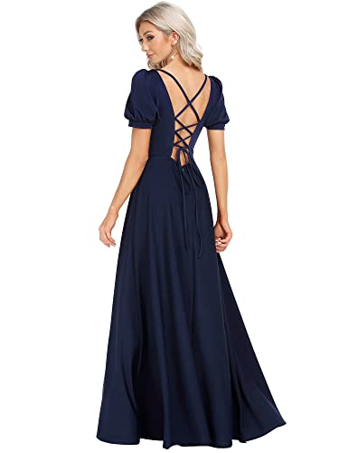 Ever-Pretty Women's Square Neck Short Sleeves Open Back A Line Maxi Holiday Dresses for Women Navy Blue US14