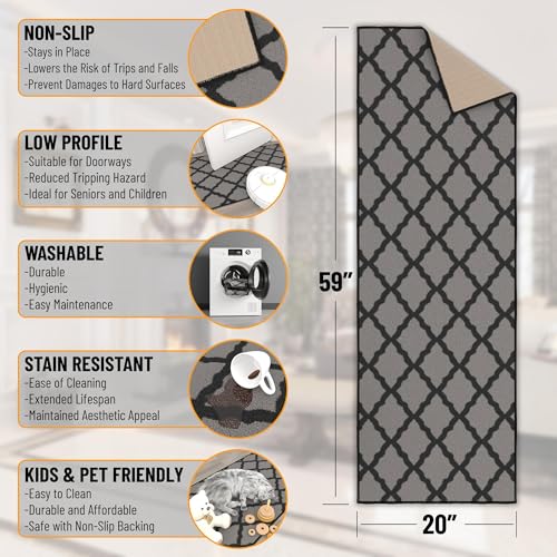 Machine Washable Moroccan Trellis Design Non-Slip Rubberback 2x5 Traditional Indoor Runner Rug for Hallway, Kitchen, Bedroom, Entryway, 20" x 59", Dark Gray