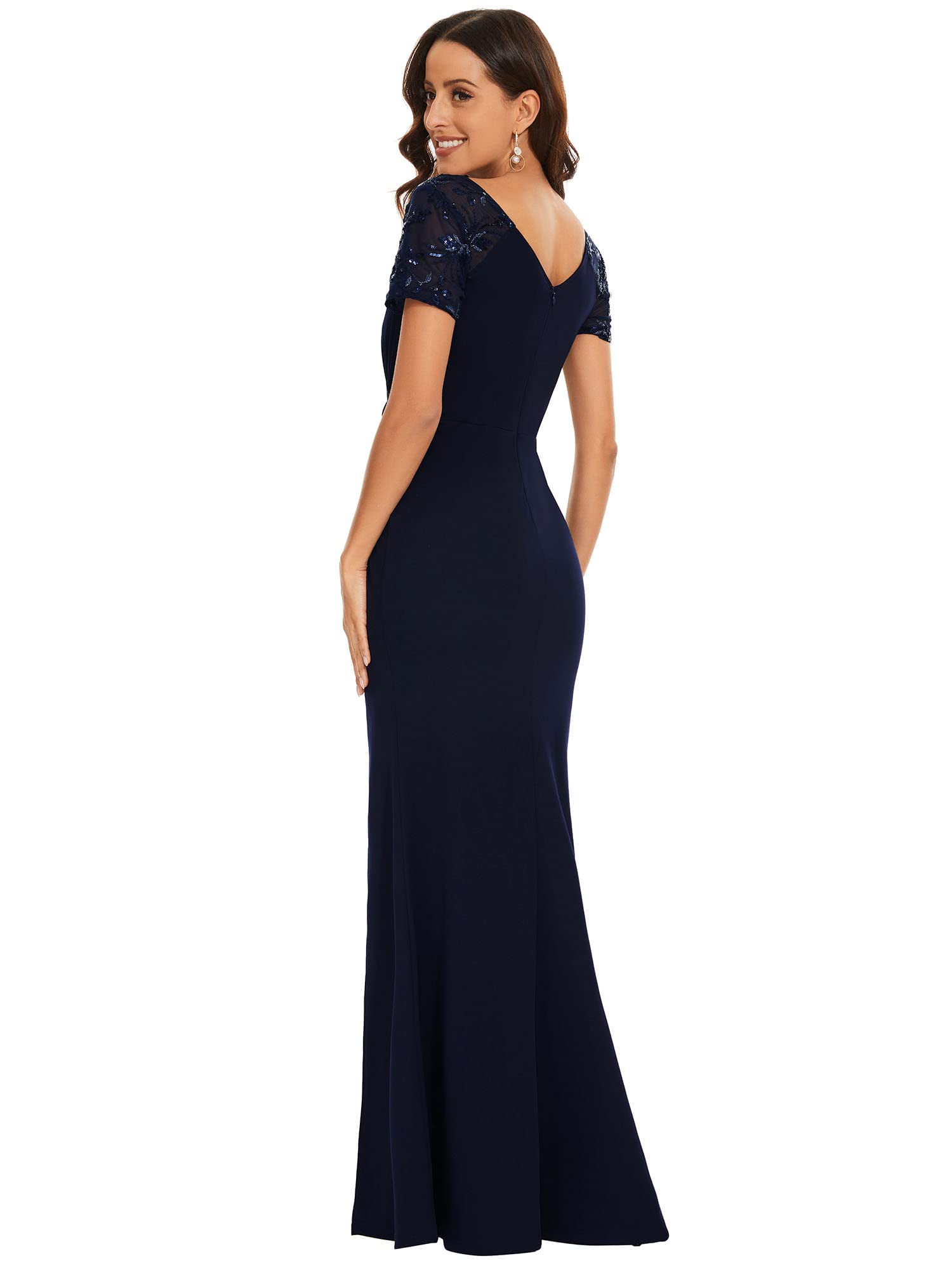 Ever-Pretty Women's V-Neck Ruffle Sleeves V Back Bodycon Formal Gowns and Evening Dresses Navy Blue US10
