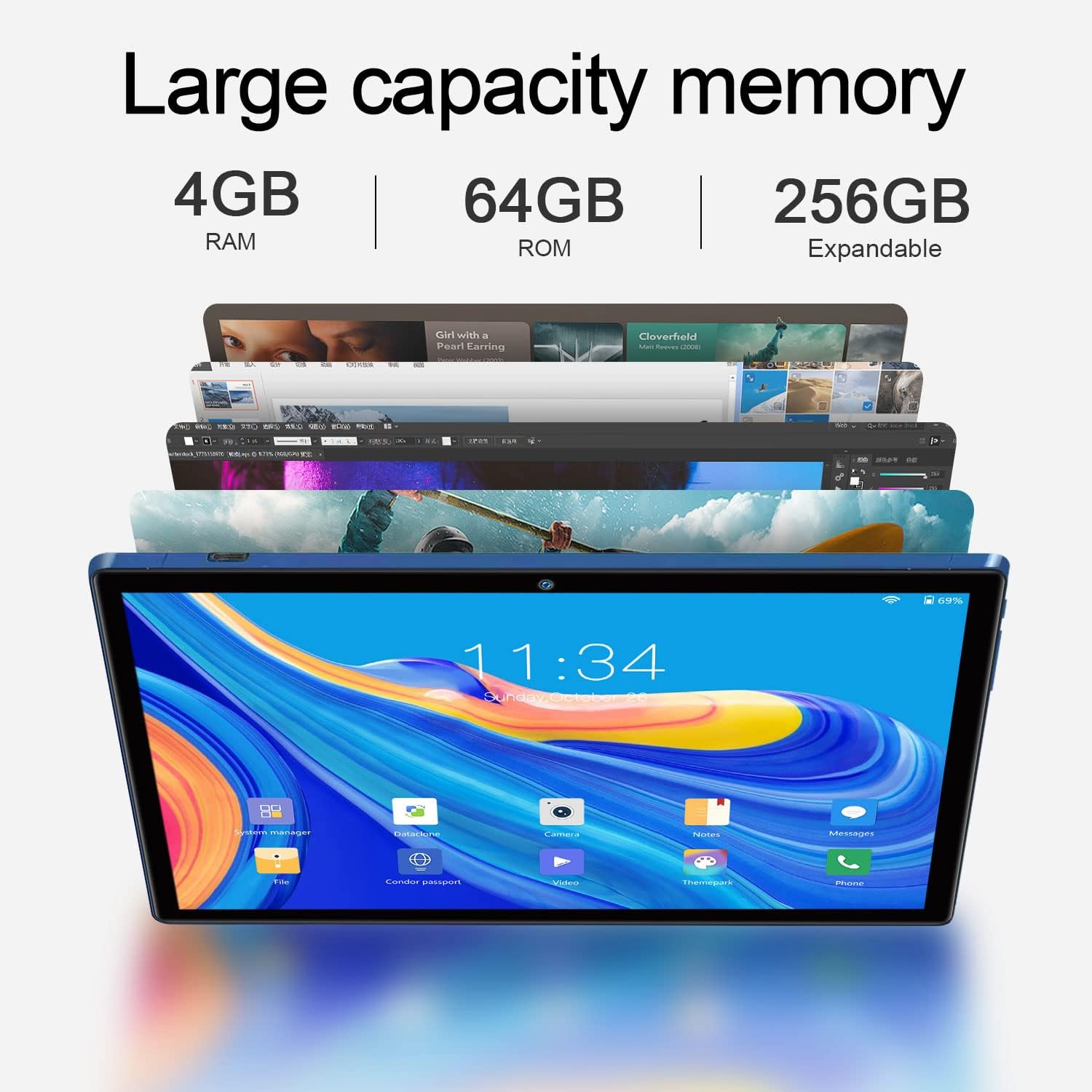 DUODUOGO 10 Inch Tablet Android Tablet 4GB RAM 64GB ROM, 256GB Expandable, Quad-Core Processor, WiFi Android 11 Tablet, Dual Camera, 6000mAh, Bluetooth, FM, GMS Certified (Blue)