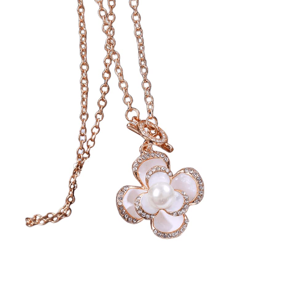Glamtune Fashion Celebrity Design Rhinestone Flower Charm Pendant Chic Necklace (White)
