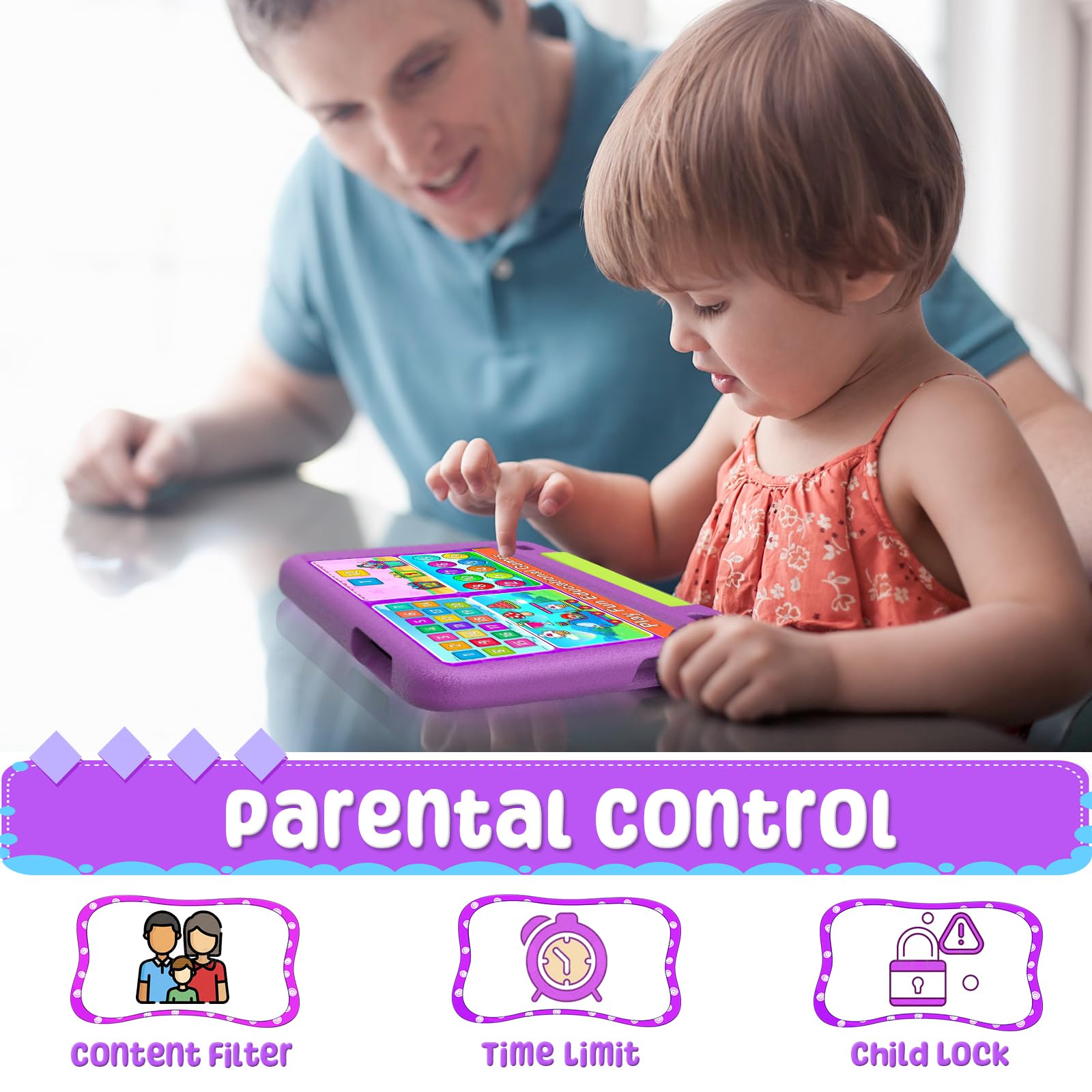 DUODUOGO 8 inch Kids Tablet Android 12 Tablet 8GB+128GB, Tablet for Kids with Parent Control & APP Preinstalled, Dual Camera, 5G/2.4G WiFi, Bluetooth, GPS, FM, Shock-Proof Case, Carry Bag (Purple)
