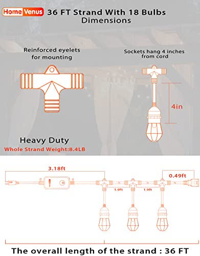 HVS Smart Outdoor String Lights LED 36Ft Color Changing RGBW Patio String Lights Infinite Connectable APP Control 2.4GHz WiFi Waterproof 18 Acrylic Work with Alexa Google for Party Outside Cafe
