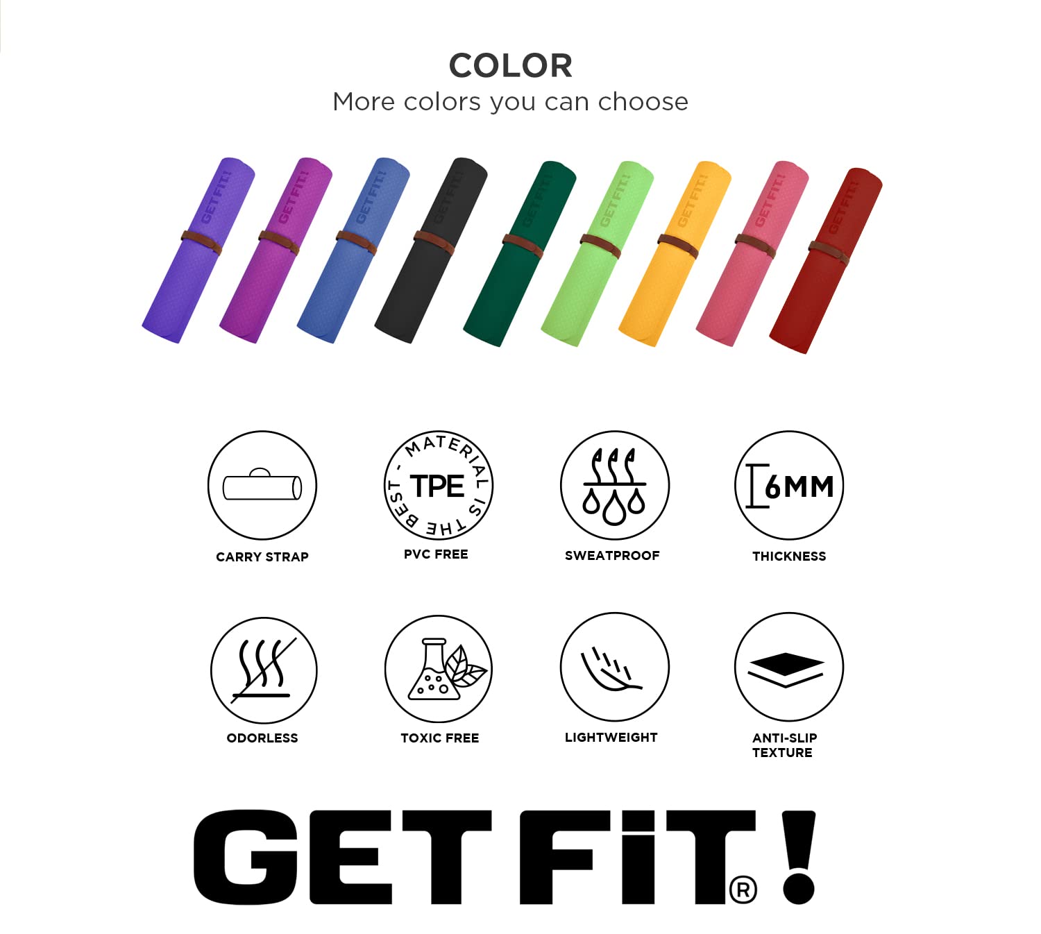 GET FIT! Eco Friendly TPE Yoga Mat Non-Slip surface 6mm thick with Carrying Strap. Lightweight easy to roll and carry. (Violet + Violet)