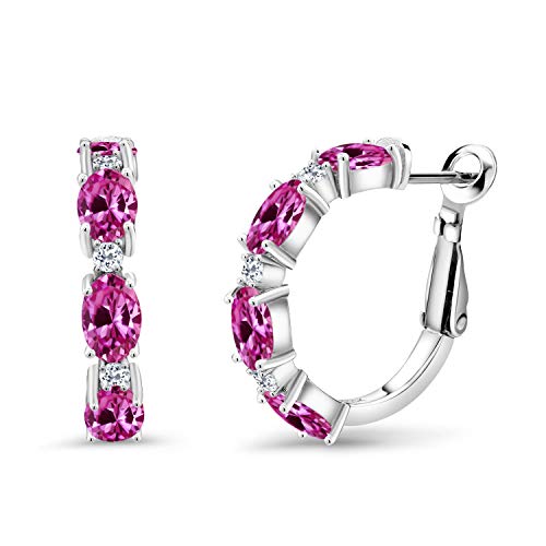 Gem Stone King 925 Sterling Silver Pink Created Sapphire and White Topaz Hoop Earrings For Women (4.24 Cttw, Oval 6X4MM)