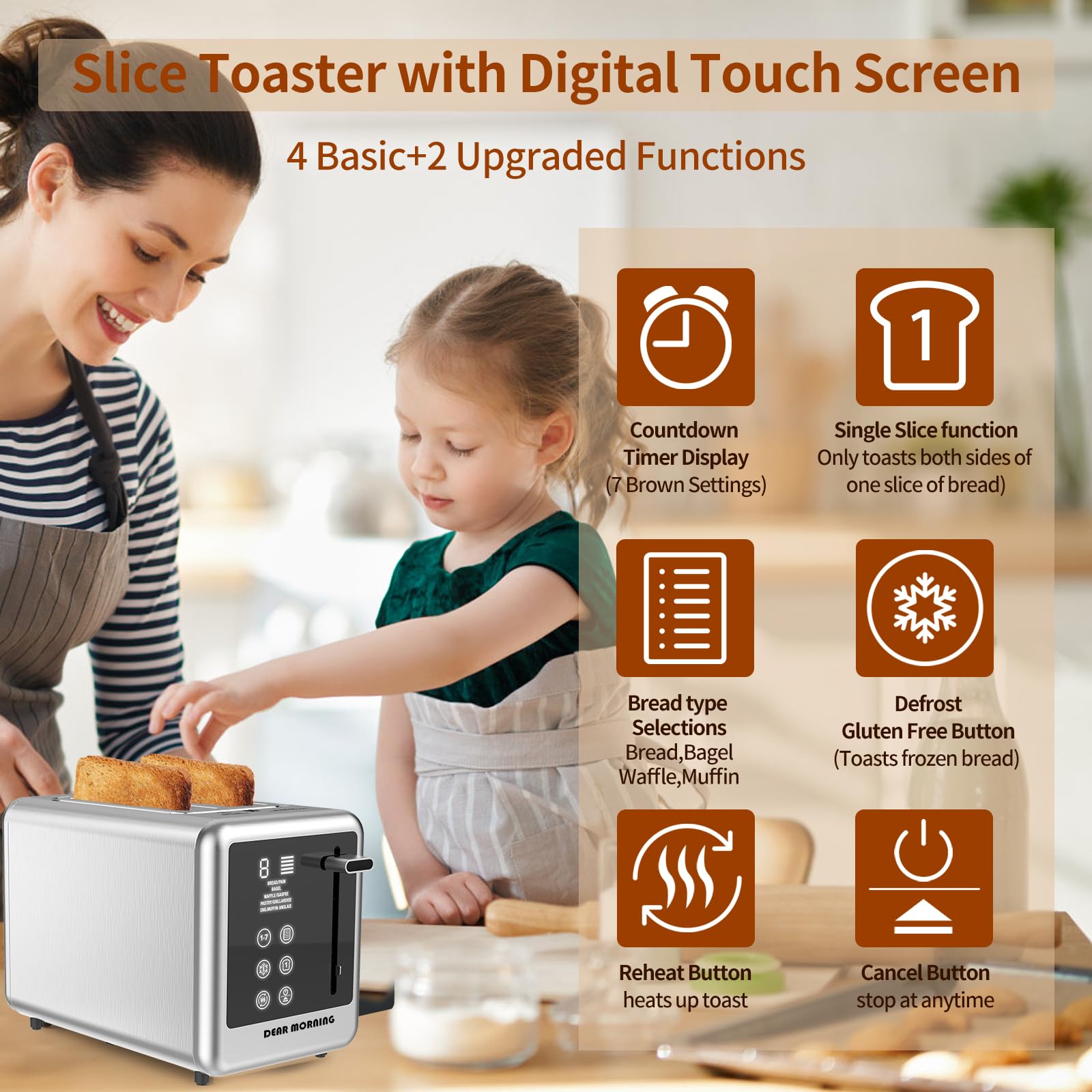 Smart Toaster Digital Tuch Screen Toaster with 5 Bread Selection 7 Shade Setting and Bagel/Defrost/Cancel/Reheat Function 1.5β 2 Slice Stainless Steel Toaster with Removable Crumb Tray