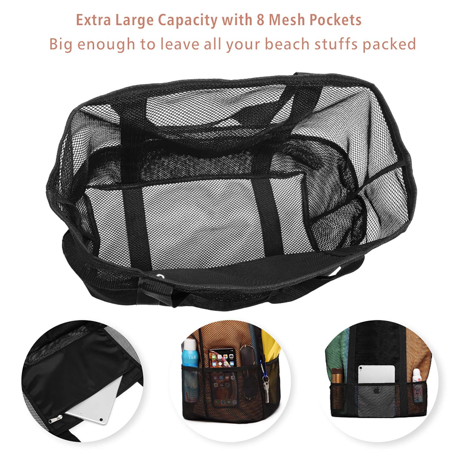 F-color Mesh Beach Bag Family - Beach Tote 9 Pockets Beach Towel Bag, Black