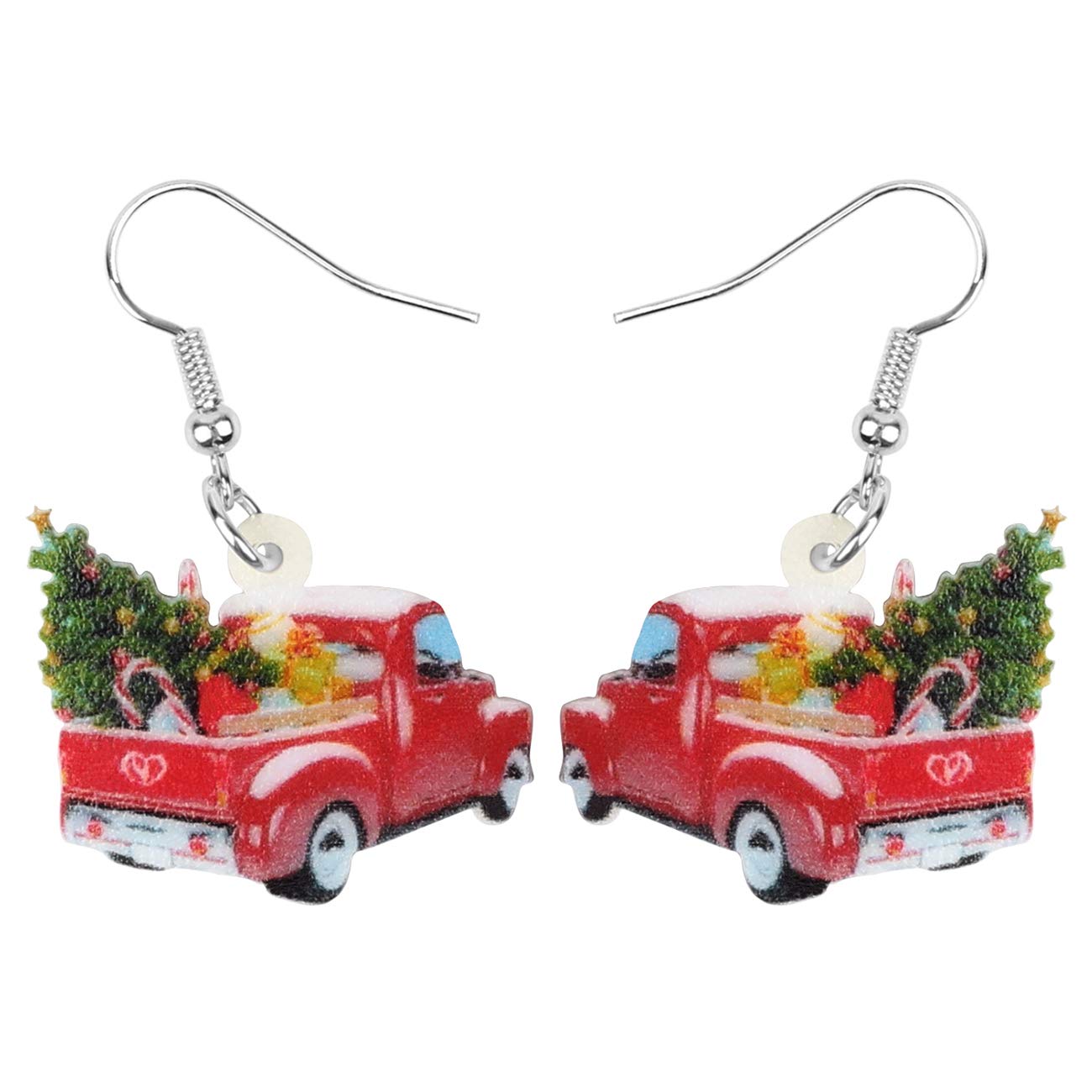 DUOWEI Acrylic Christmas Truck Tree Garland Earrings Drop Dangle Jewelry For Women Festival Gifts (Red)
