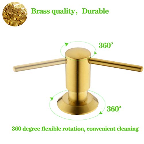 KMEINO Gold Soap Dispenser, Built in Undermount Soap Dispenser Brass Commercial, Brushed Gold Metal Pump Head Liquid Lotion Kitchen Countertop Soap Dispenser with 500ml PP Bottle