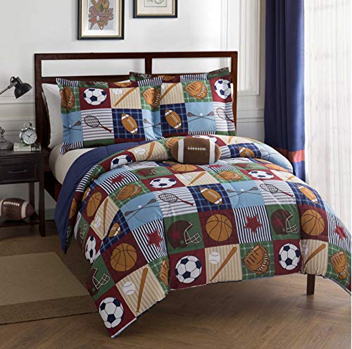 Team Sport 3-Piece Comforter Set Sports Bedding, Collegiate,Teen, Boys, Double brushed fabric, Football Shaped Decorative Pillow Included, Extra Soft, TwinSize, Blue/Green/Tan - 24013