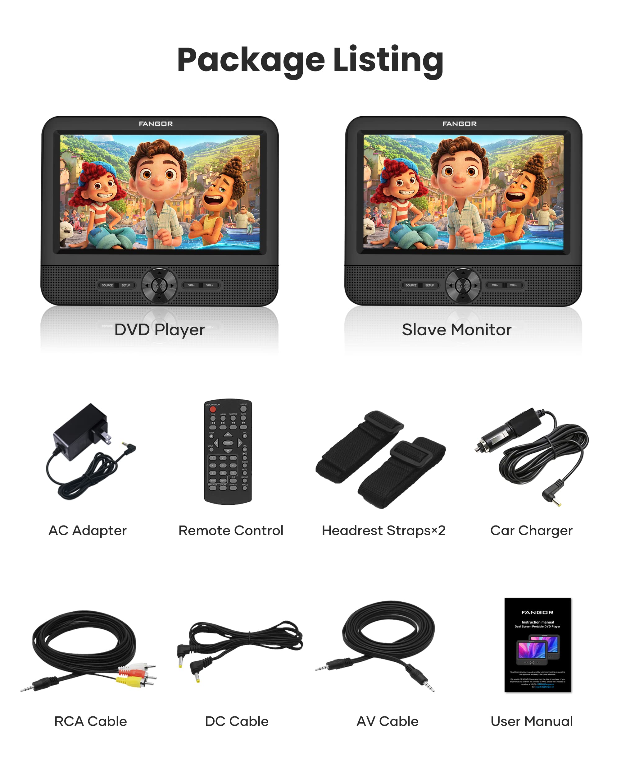 FANGOR 10.1โโ Dual Car DVD Player, Portable DVD Player for Car with 5 Hours Rechargeable Battery, Last Memory, AV Out&in, Supported USB/SD/Sync TV, Regions Free (1 Player + 1 Monitor)
