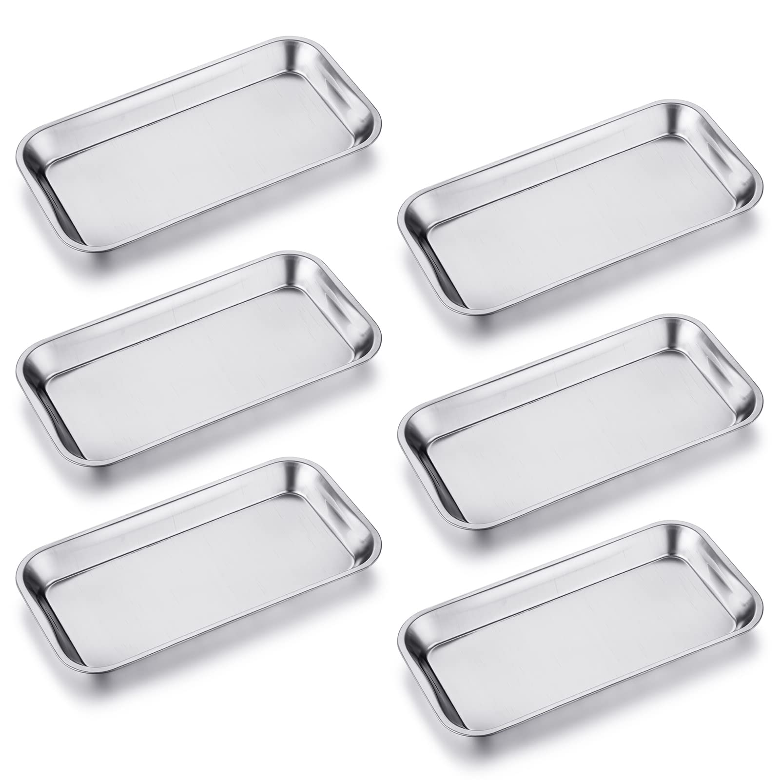 GETTON 6 Pack Small Surgical Tray, 201 Stainless Steel Tray with Seamless Trays and Moderate Edge Height for Lab Dental Tattoo Piercing Instruments Organizer