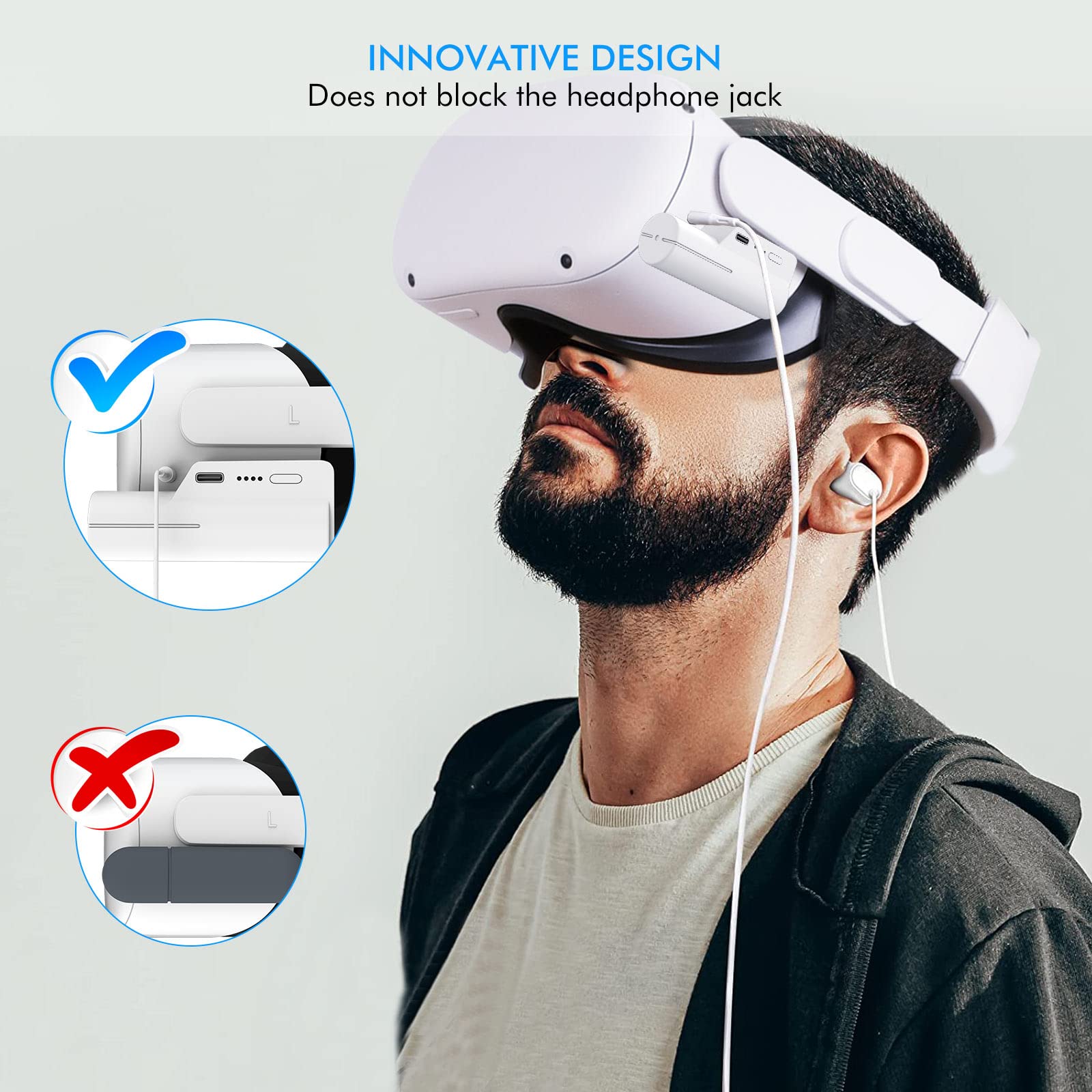 GRADETEK Oculus Quest 2 Battery Pack, Rechargeable 5000mAh for Oculus Quest 2 Original Head Strap and Elite Strap, Fast Charging Extended Batterry Compatible with USB C Phones